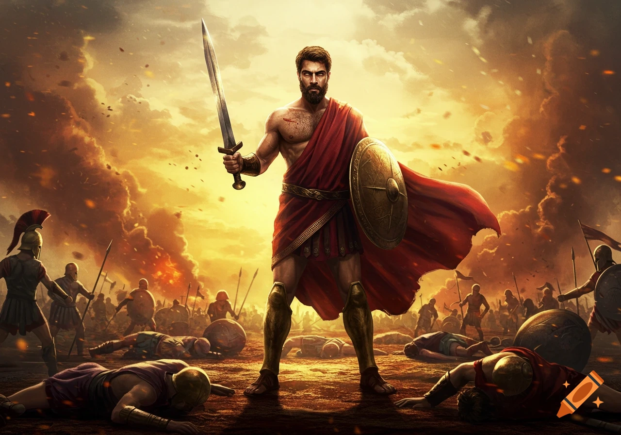 A Greek warrior stands on a battlefield among fallen soldiers, sword ...