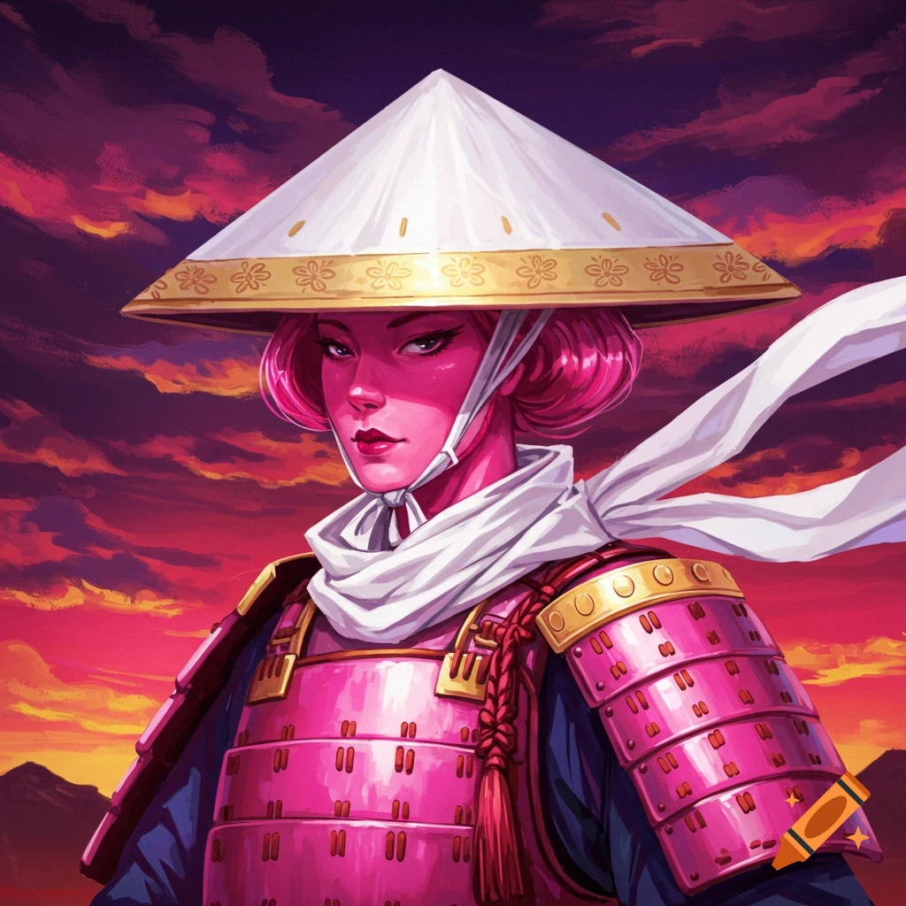 A person in pink samurai armor and a white hat against a dramatic ...