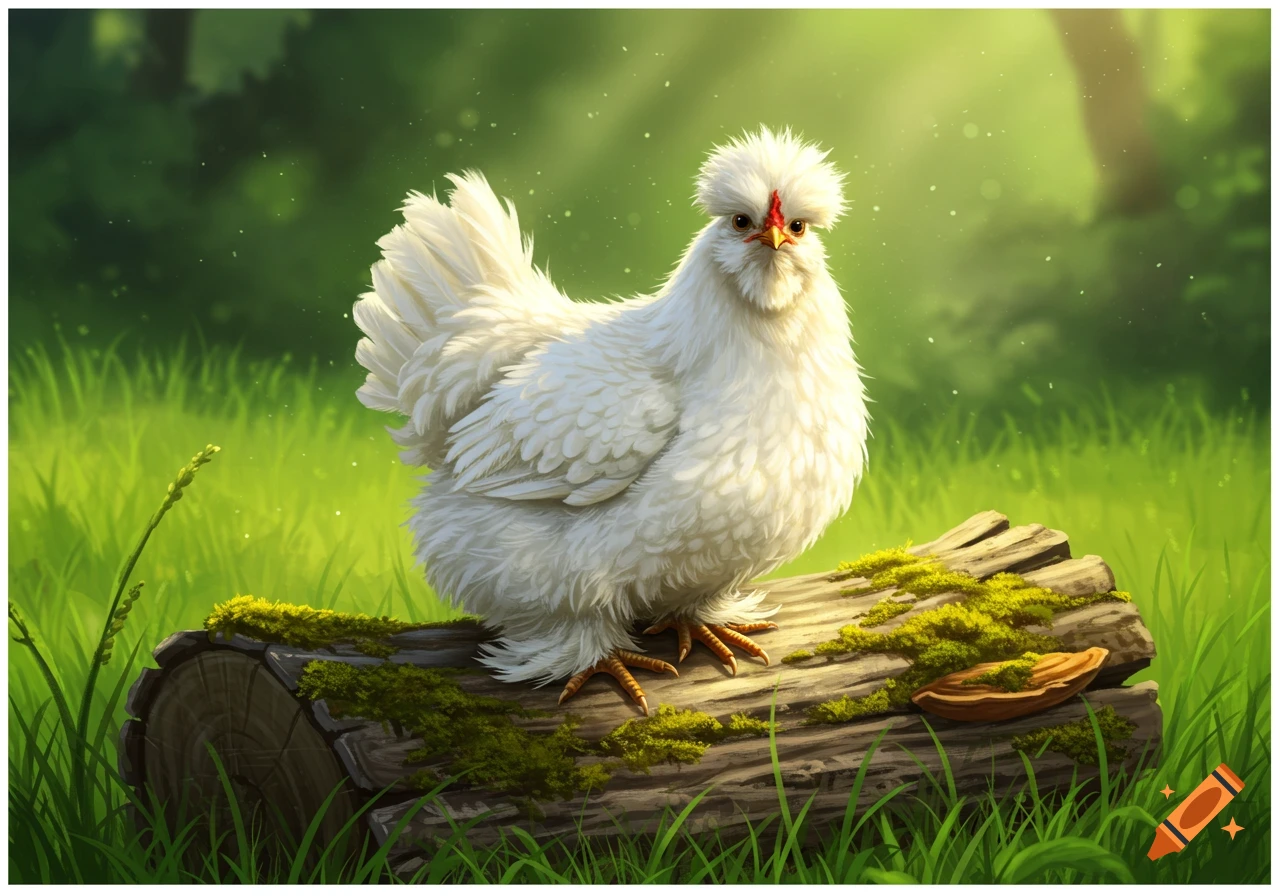 A white chicken with ruffled feathers sits on a mossy log in a sunny ...