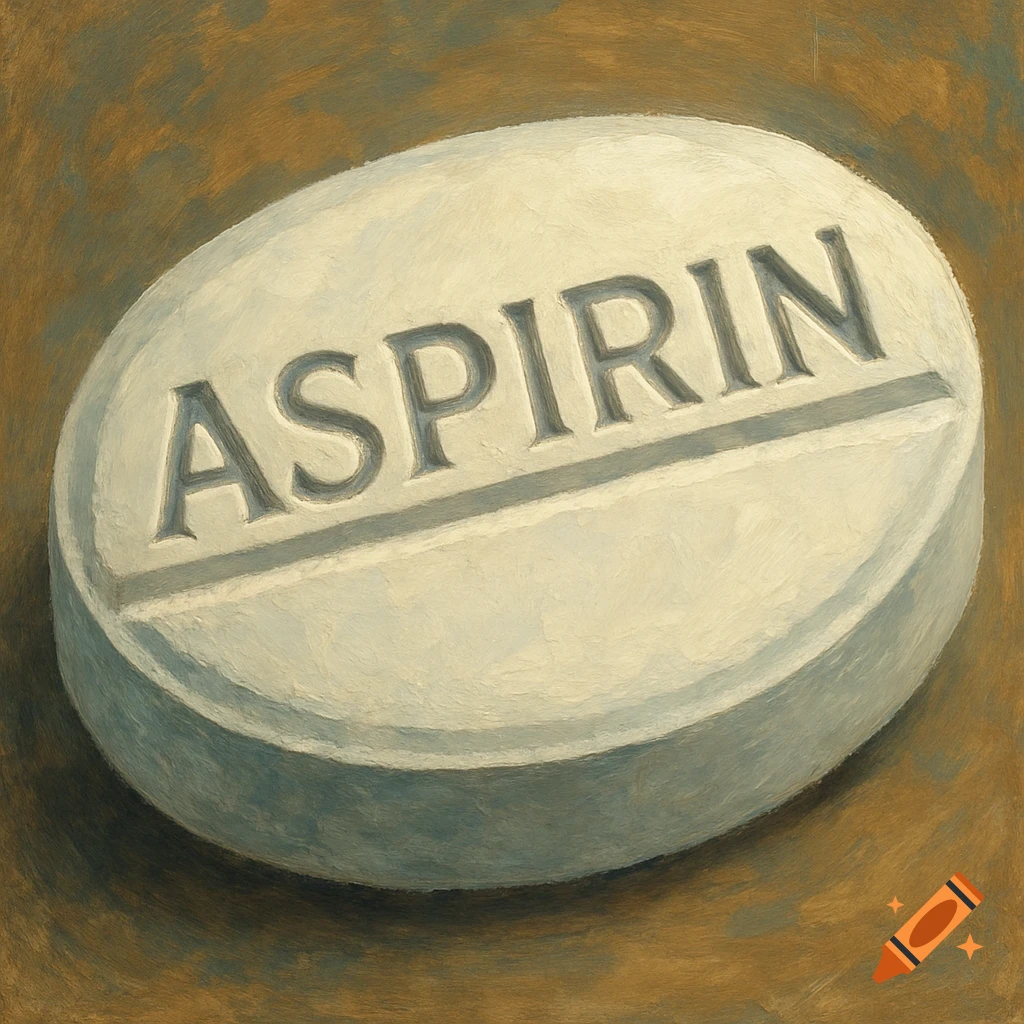 A close-up painting of a white pill labeled ASPIRIN on a brown surface ...