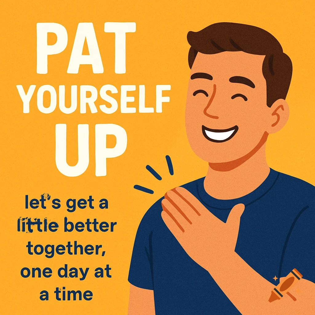 Illustration of a man patting his shoulder with text 'Pat Yourself Up ...