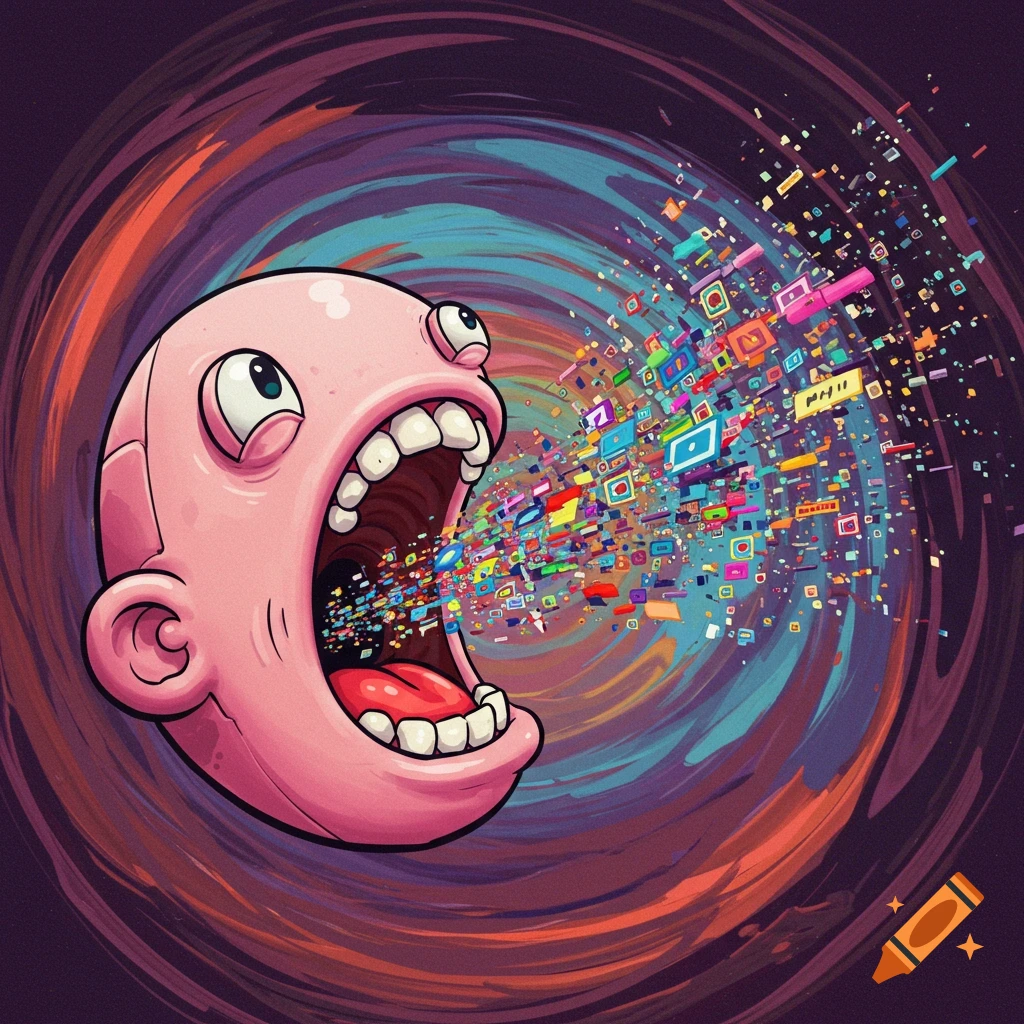 Cartoon head spitting colorful data particles in a swirling vortex on ...