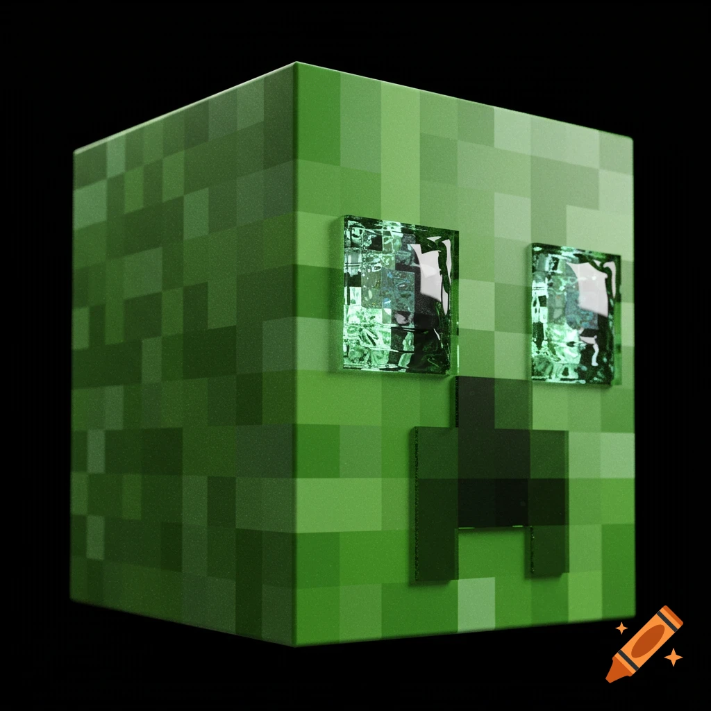 Close-up of a Minecraft creeper head with glassy, reflective eyes. on ...