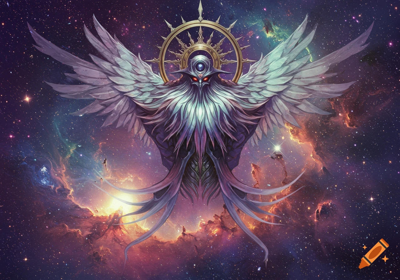 A large, winged fantasy creature with tentacles and a halo-like ring floats in a cosmic space ...
