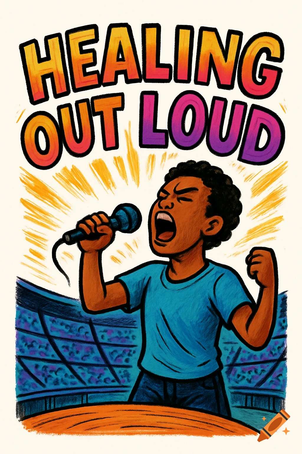 Illustration of a person singing into a microphone on stage with ...