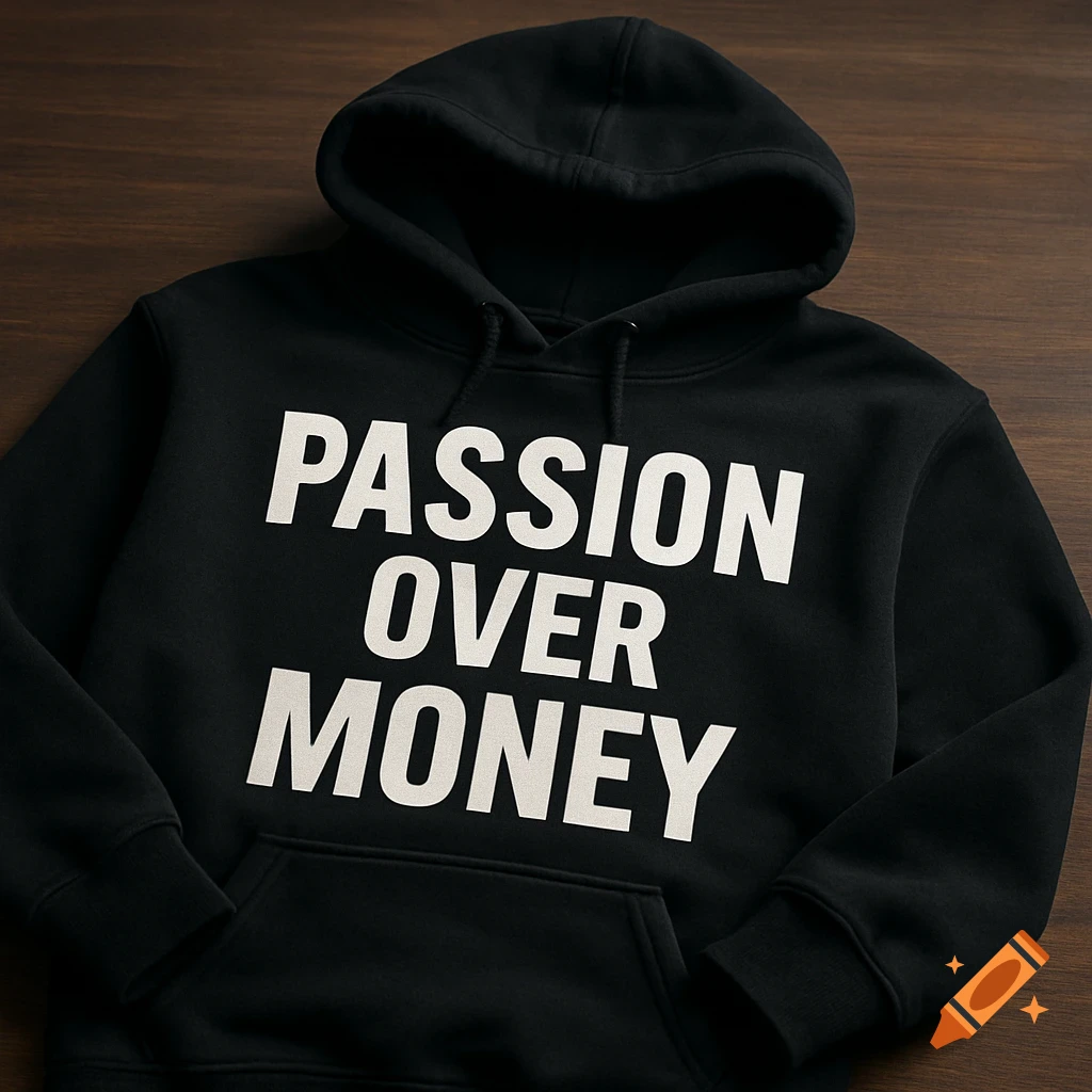 Black hoodie with white text 'PASSION OVER MONEY' on a wooden table. on ...