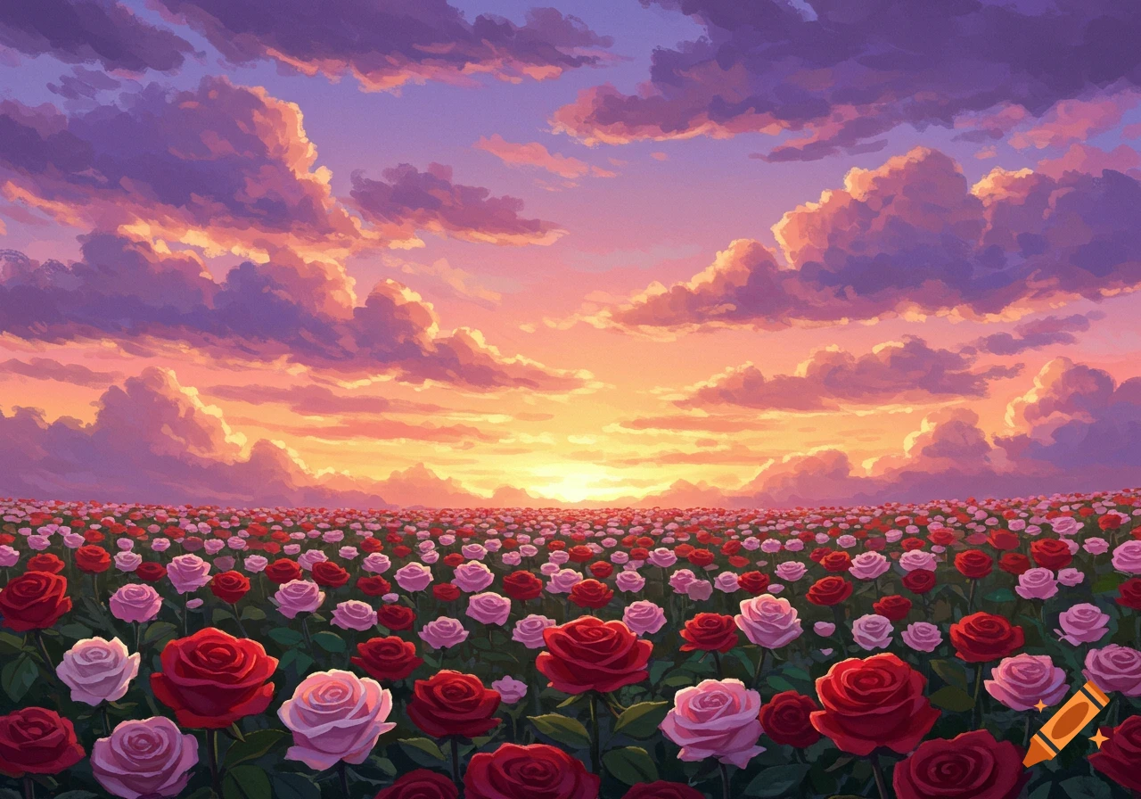 A field of red and pink roses under a purple and orange sunset sky. on ...