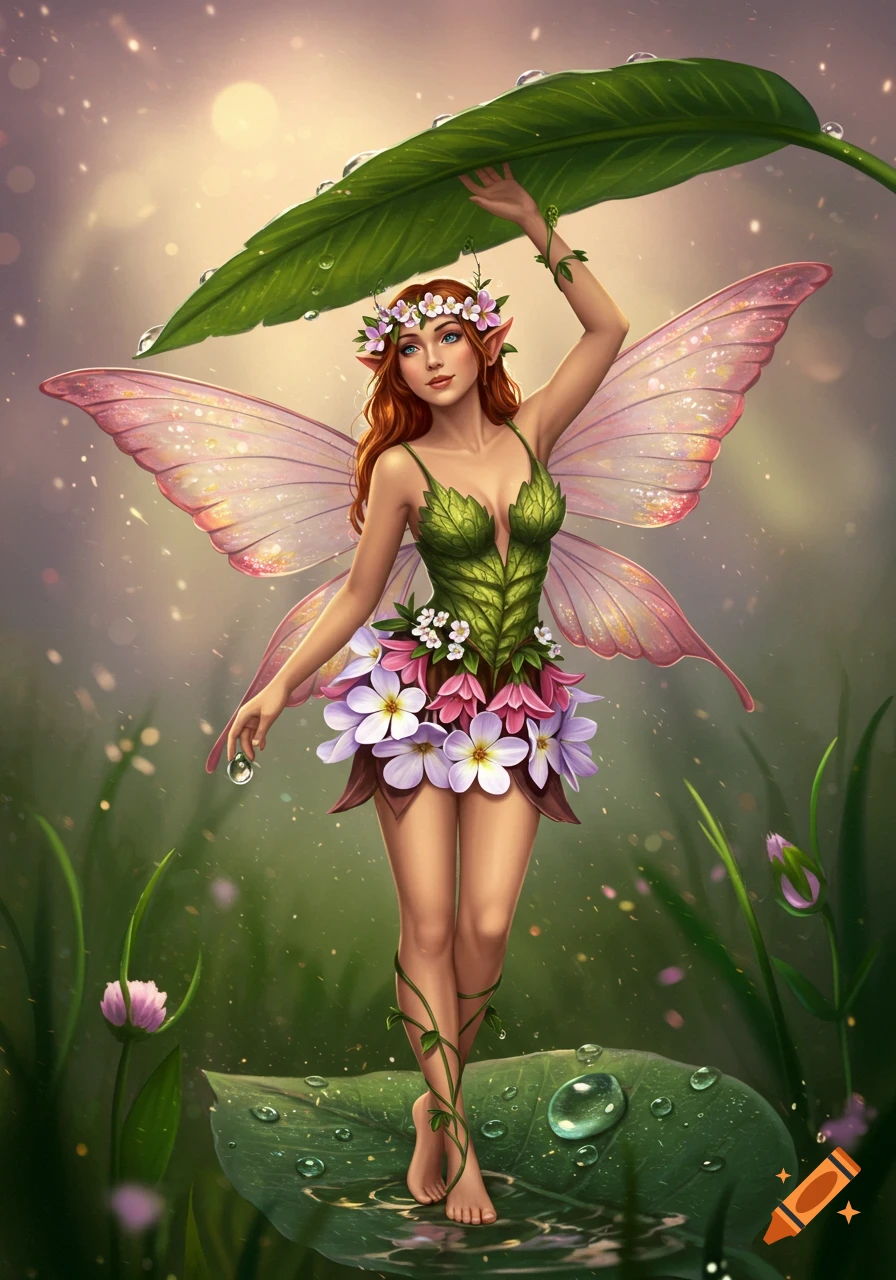 A magical fairy with butterfly wings and a dress of leaves and flowers ...