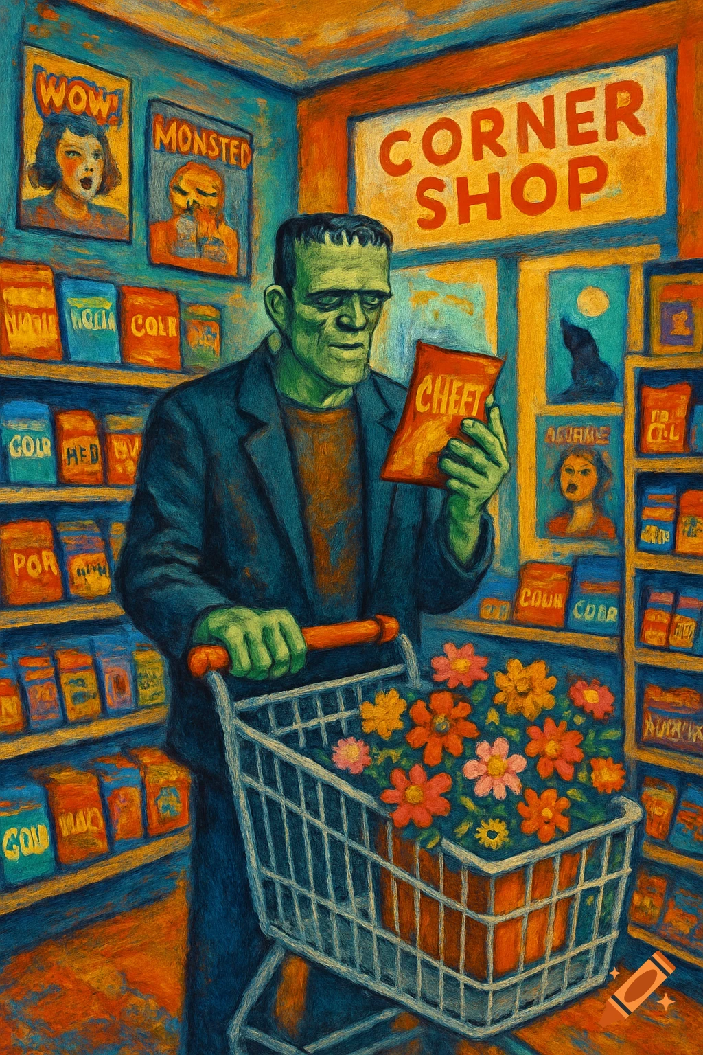 Frankenstein's monster shops in a retro corner store, holding a bag of ...