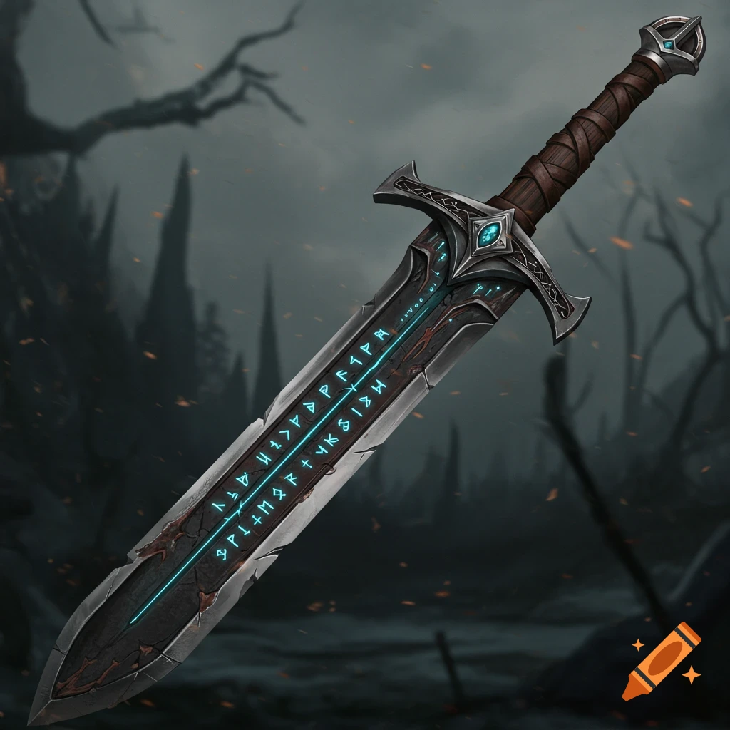 Detailed illustration of a fantasy sword with glowing runes on a dark ...