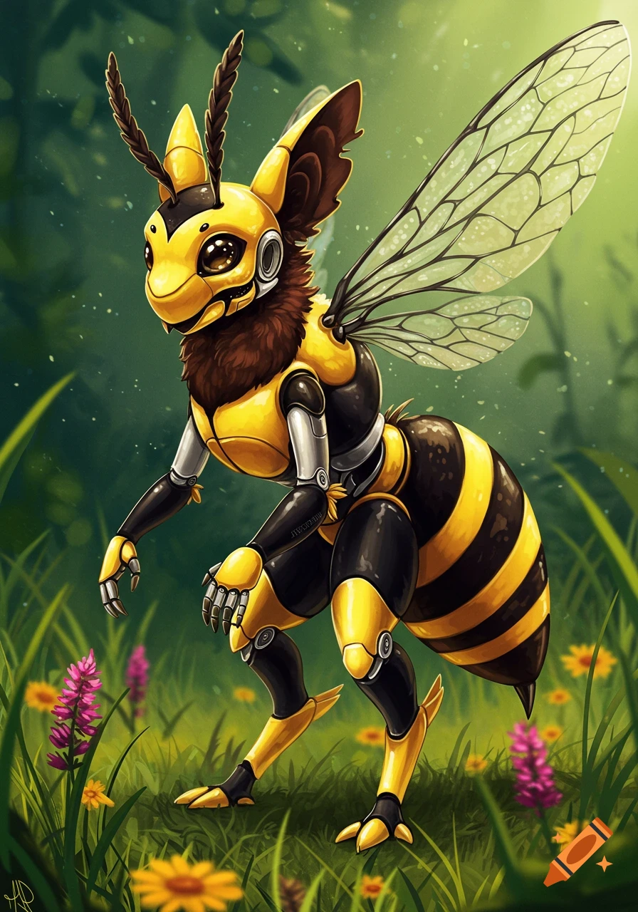 A bee-themed protogen furry creature stands in a field of flowers. on ...