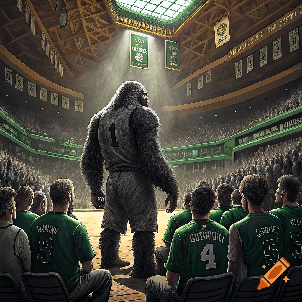 A giant gorilla in a basketball jersey stands on a court in an arena ...