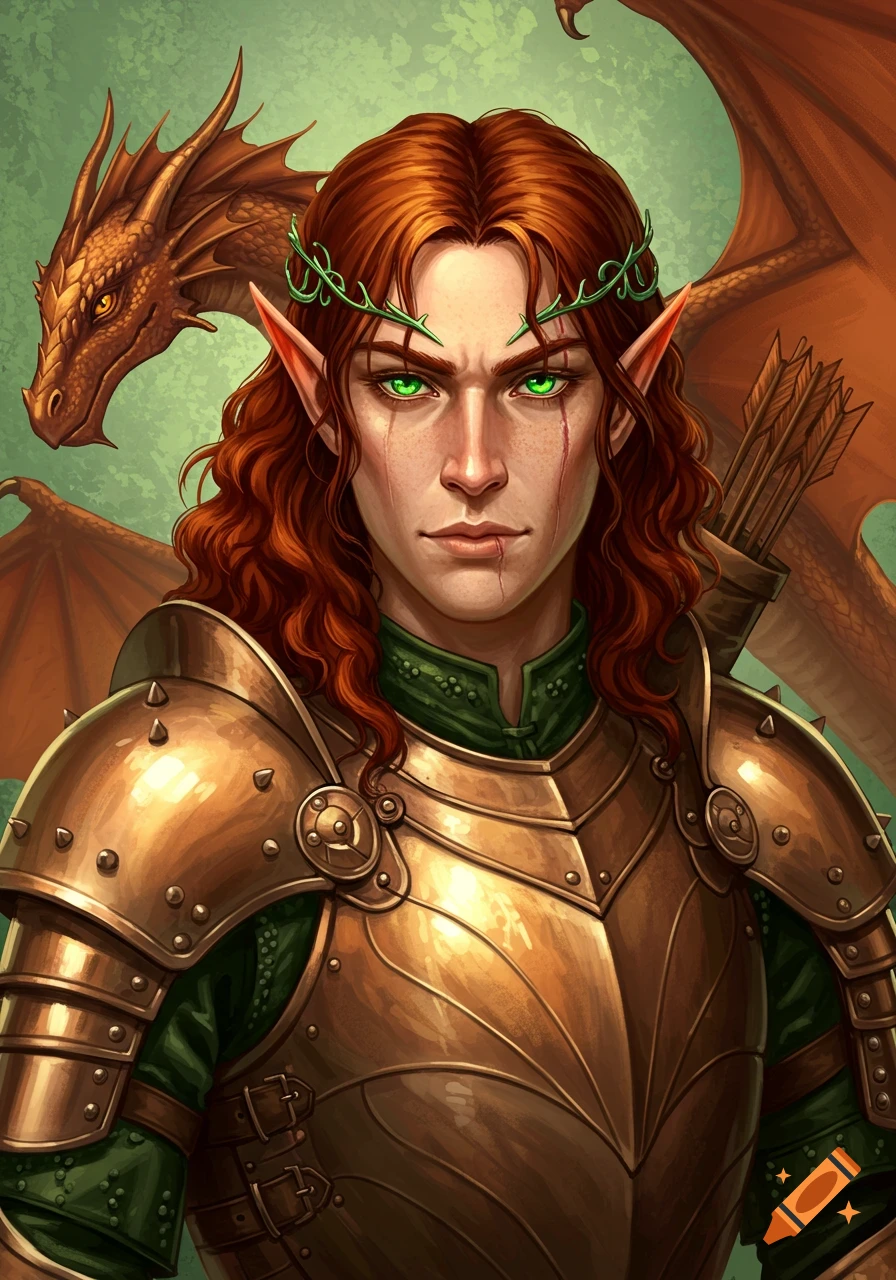 A fantasy portrait of an elf in golden armor with a bronze dragon ...