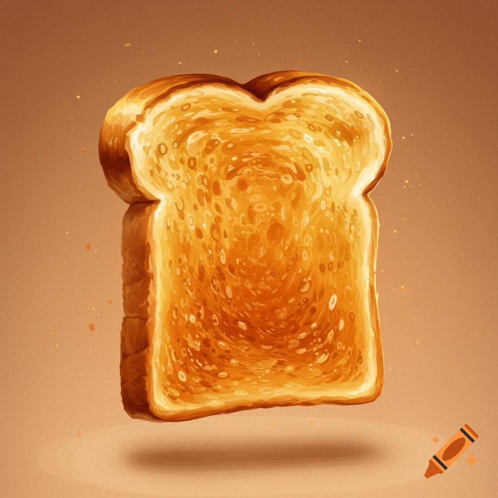 A detailed painting of a slice of toast floating on a brown background ...