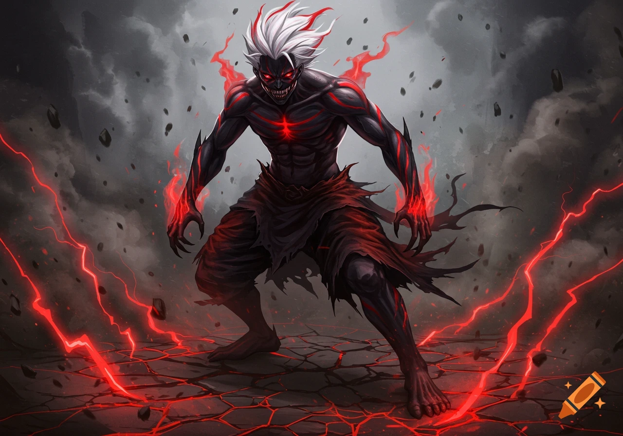 Dark fantasy character with red eyes and glowing red veins, standing on ...