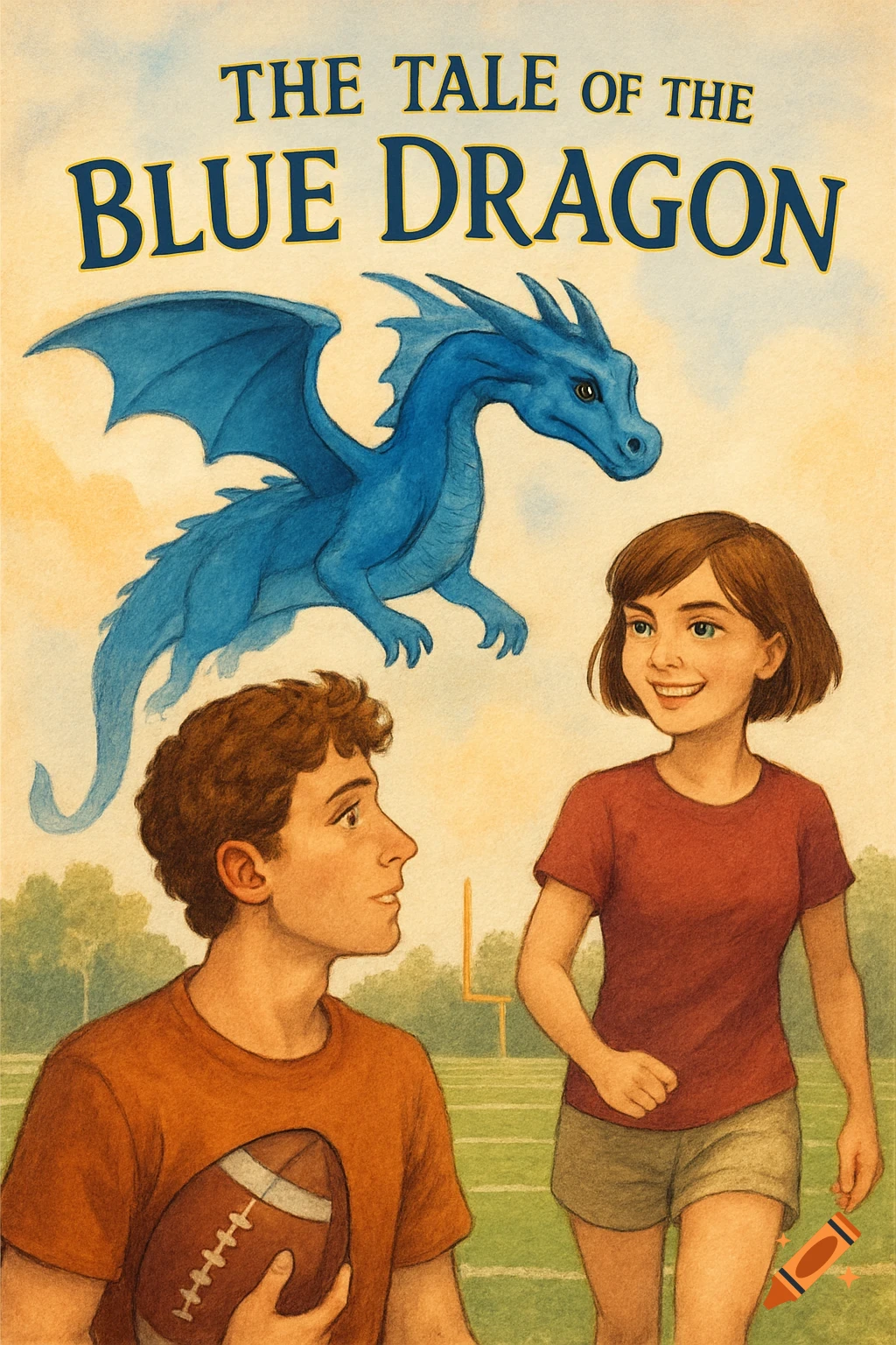 Watercolor book cover illustration of a blue dragon, a boy with a ...
