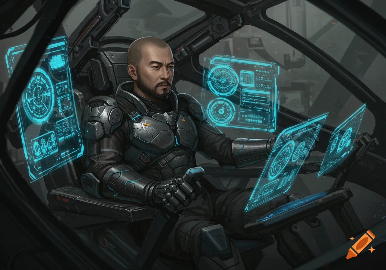 Futuristic bald bearded man in mech pilot suit in cockpit surrounded by ...