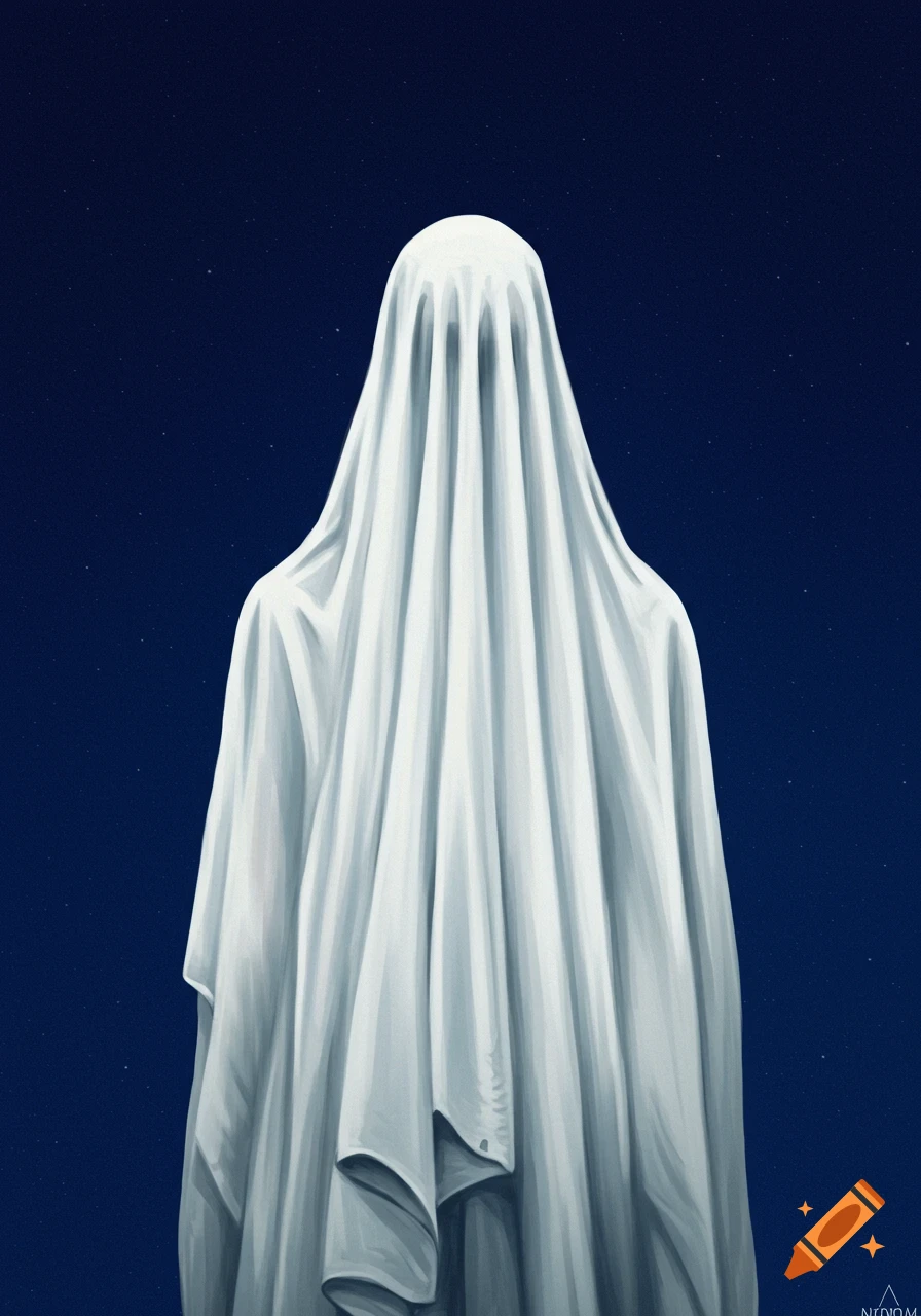 A figure draped in a white sheet like a ghost stands against a dark blue starry sky. on Craiyon