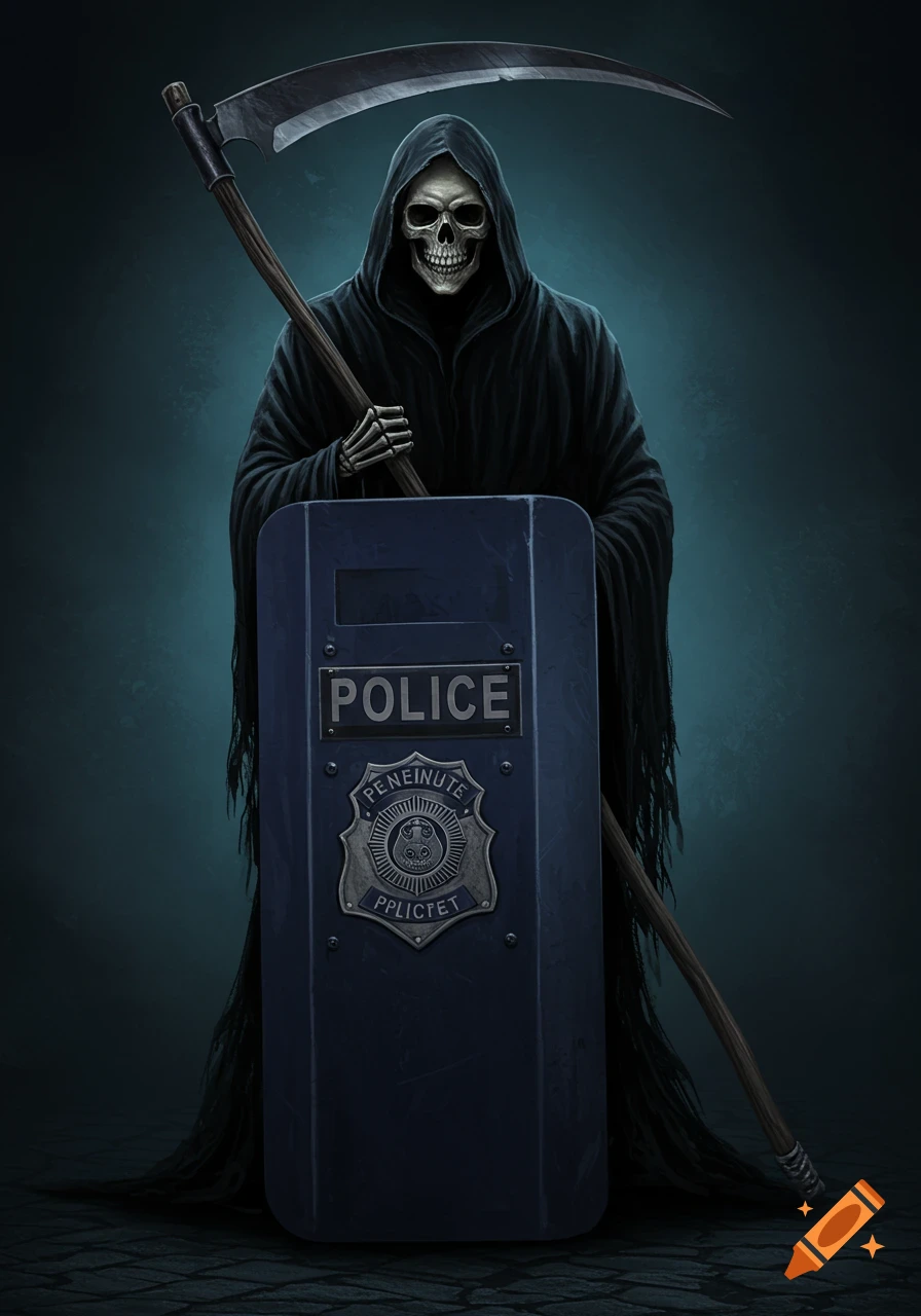 An illustration of the Grim Reaper holding a police shield and scythe ...