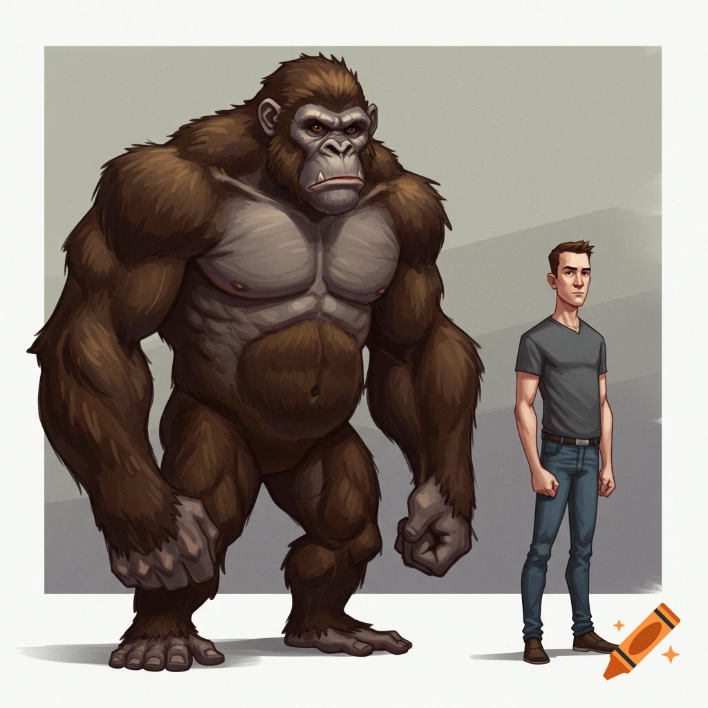 A large, muscular ape-like creature stands next to a human in an ...