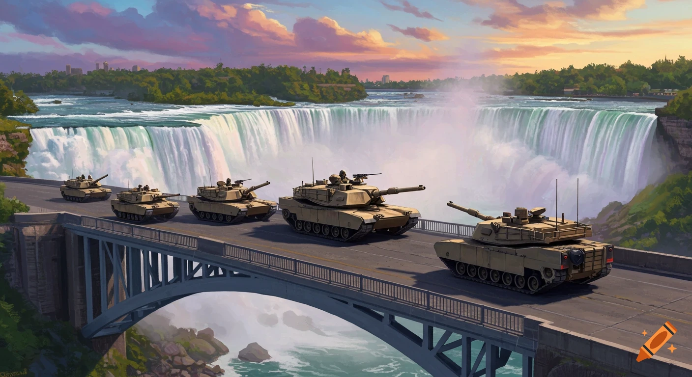 M1 Abrams tanks cross a bridge in front of a large waterfall under a ...