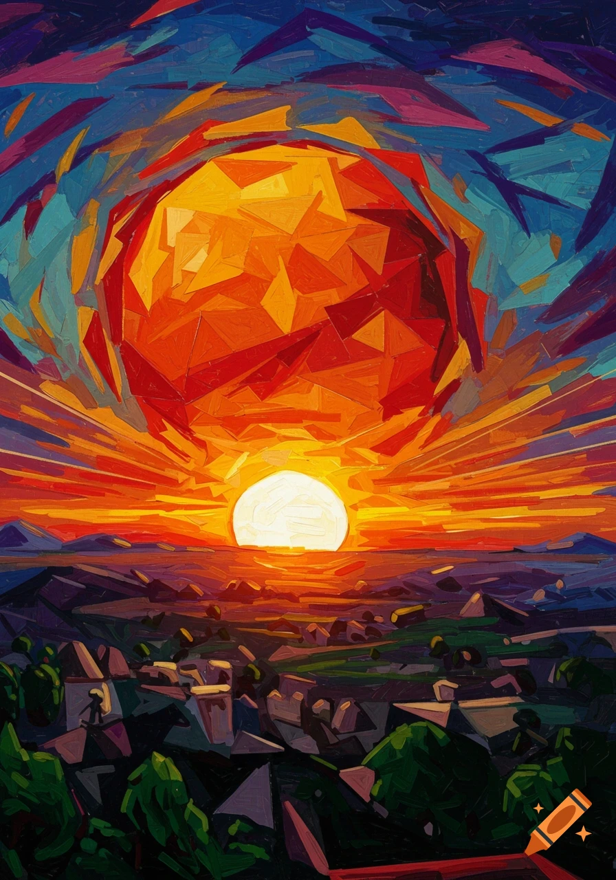 Distorted cubist painting of a vibrant sunset over a landscape. on Craiyon