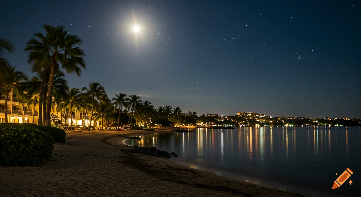 A night scene of a lagoon beach with palm trees, buildings, and city ...