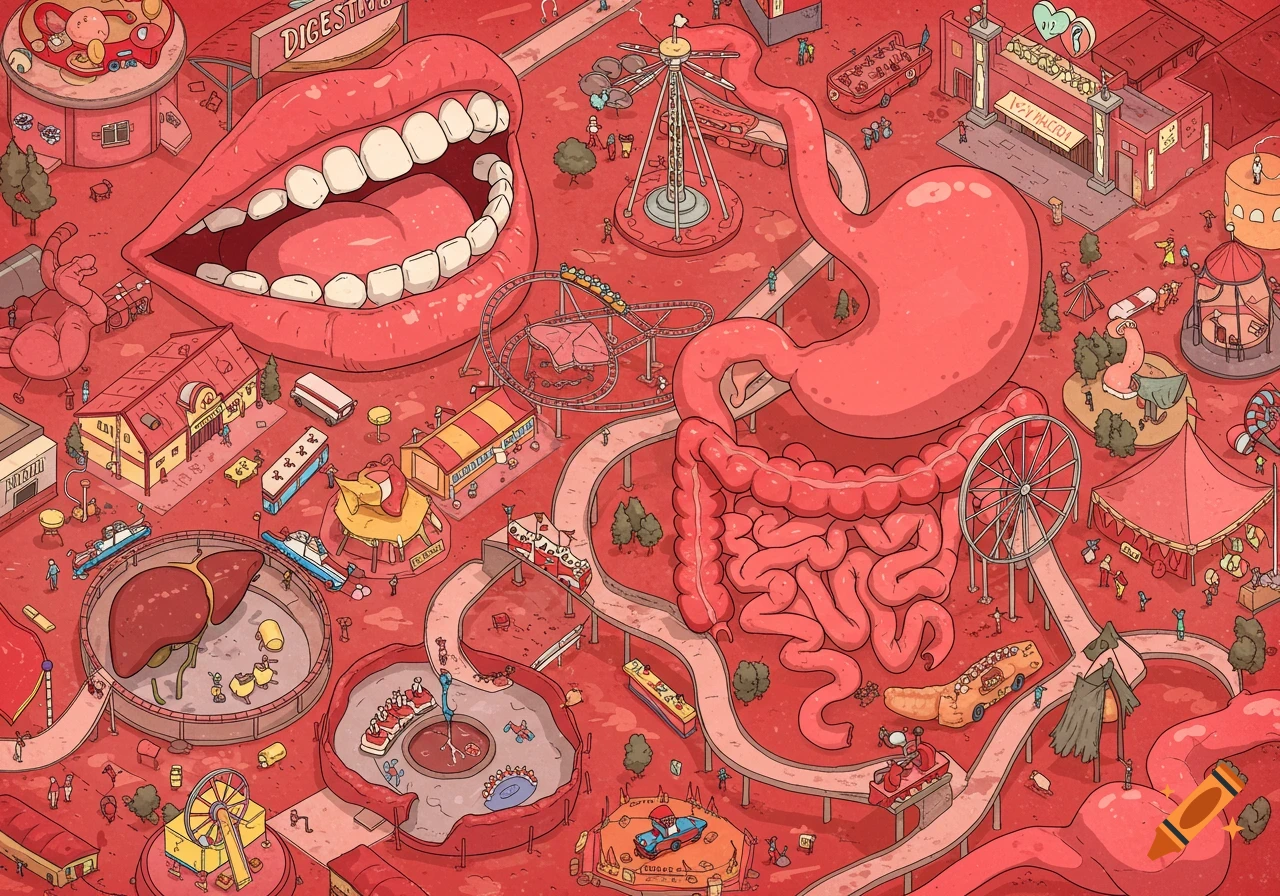 Isometric illustration of a digestive system theme park with a mouth ...