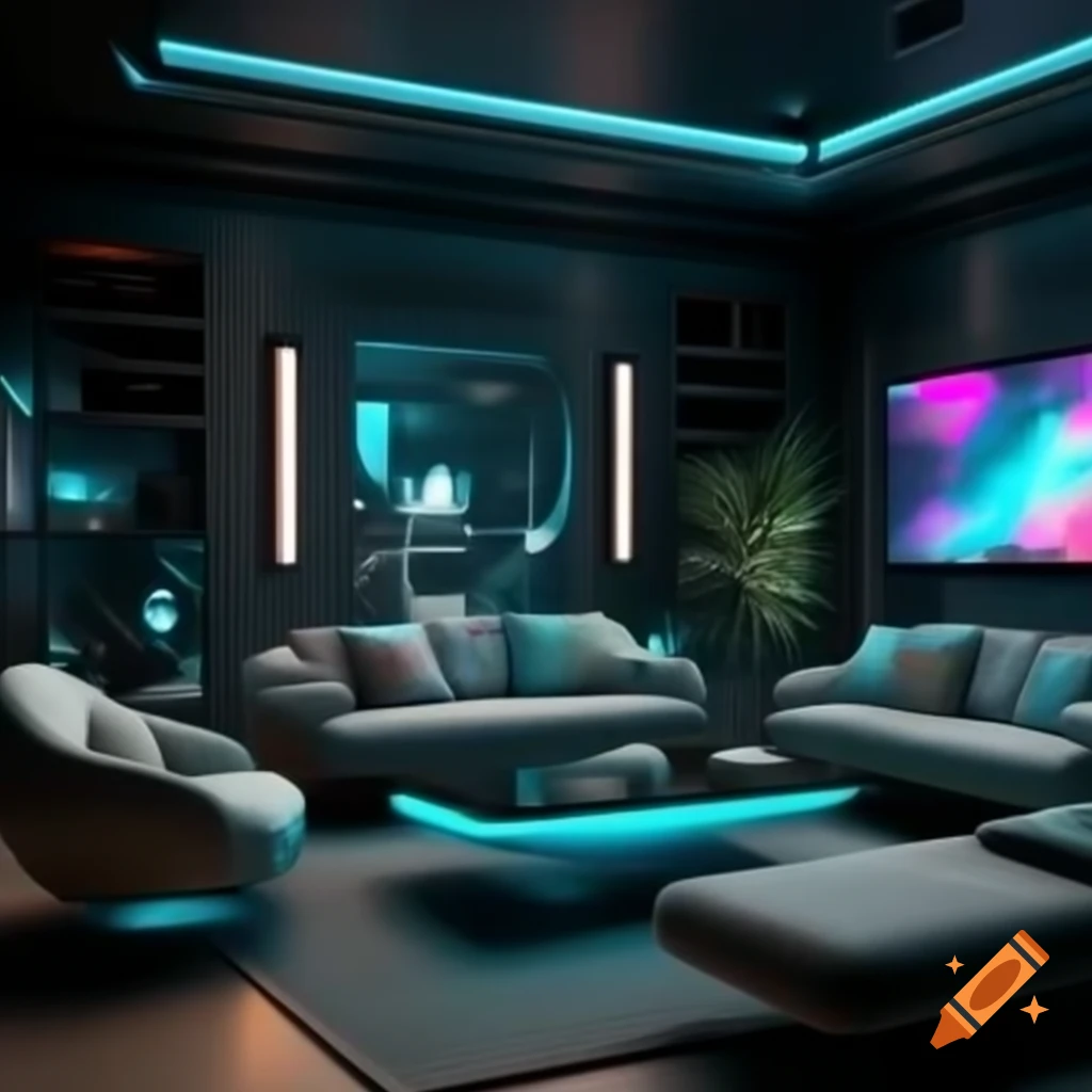 Futuristic living room with smart furniture and holographic displays on ...