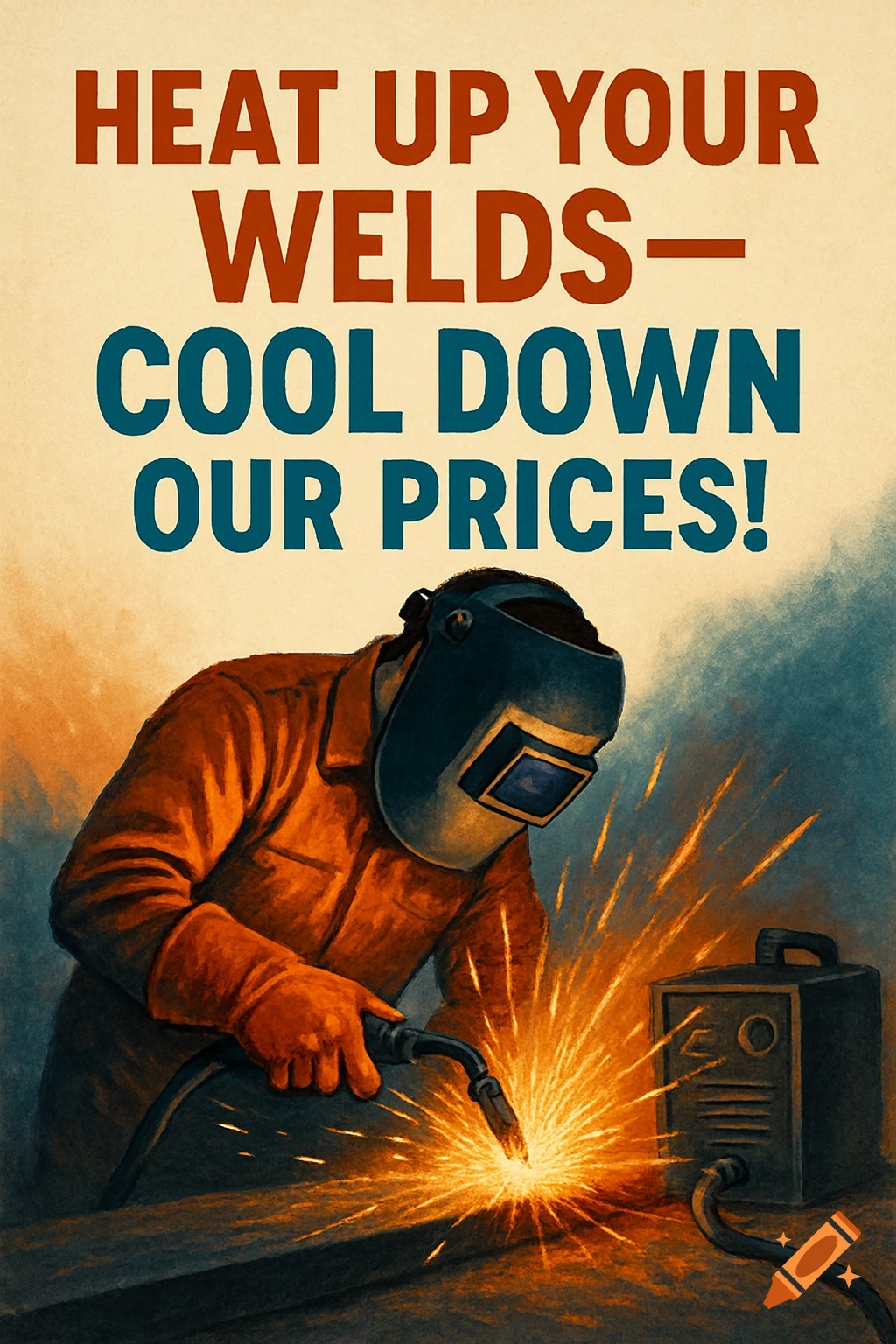 Vintage-style poster of a welder with sparks and text 'Heat Up Your ...
