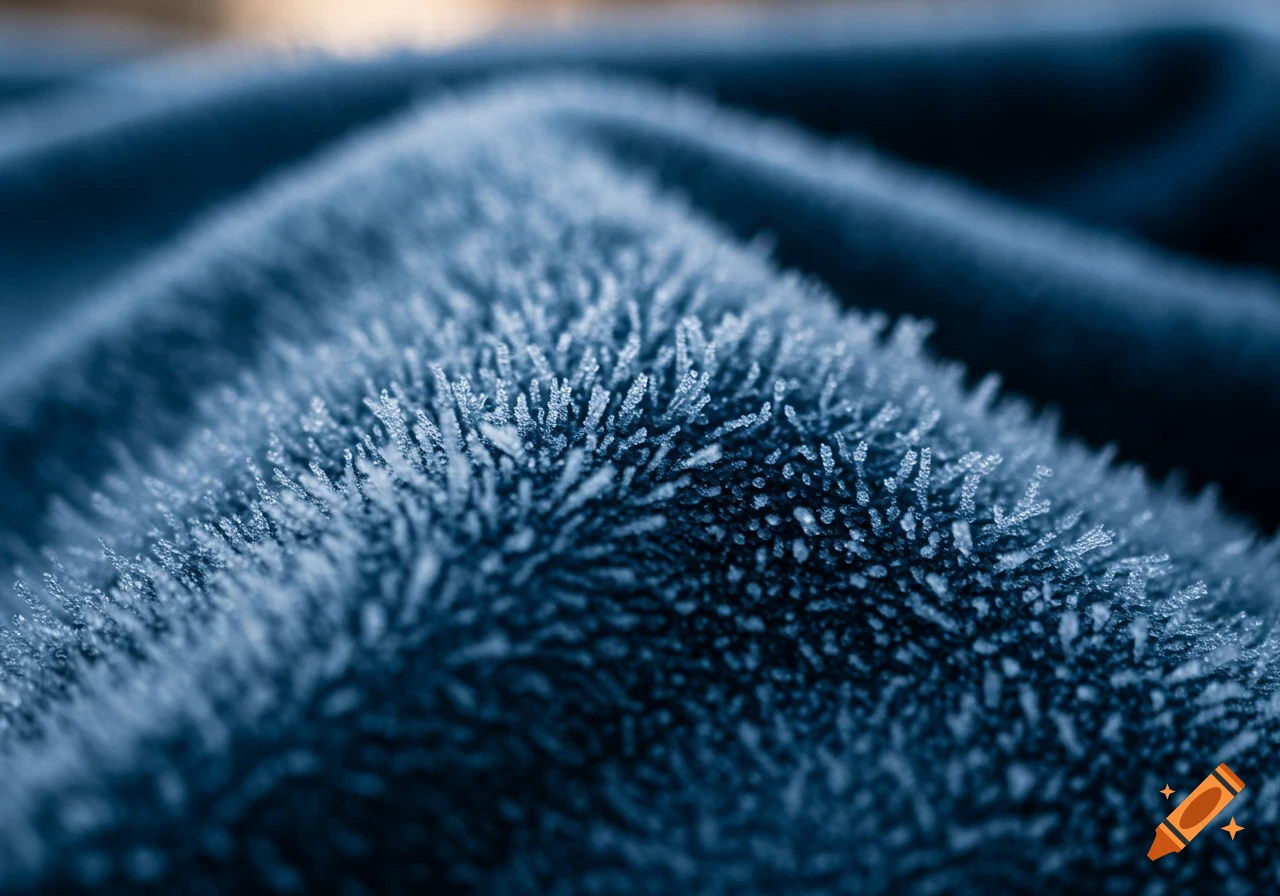 Close up macro view of frost crystals on a dark blue fabric texture on Craiyon