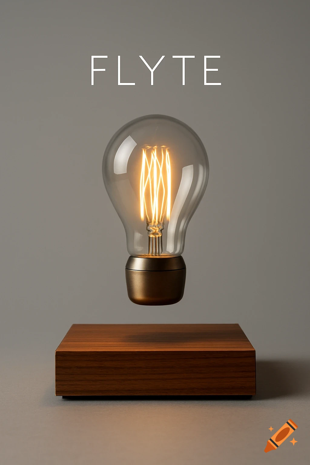 Levitating light bulb over a wooden base with 'FLYTE' text on Craiyon
