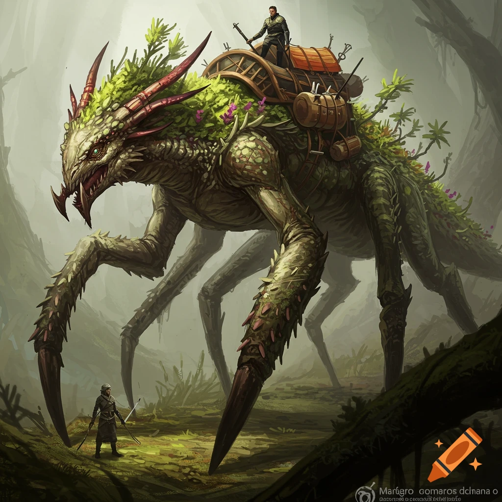 Large green arthropod creature with a rider on its back confronts a ...