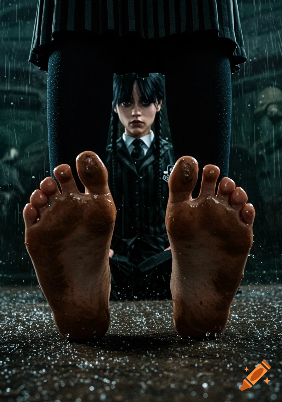 Low angle view of Wednesday Addams standing in the rain with bare ...