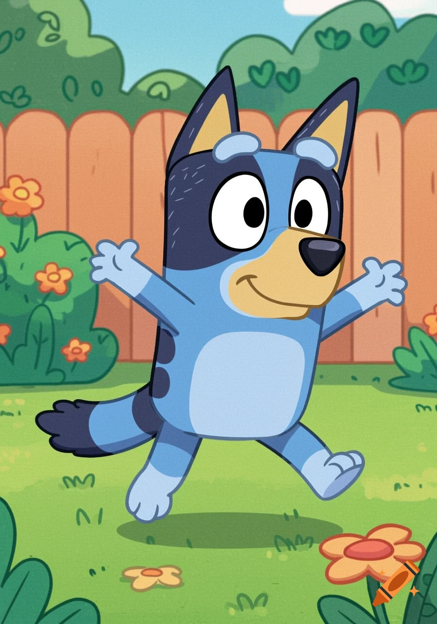 Cartoon blue dog character jumping in a garden on Craiyon