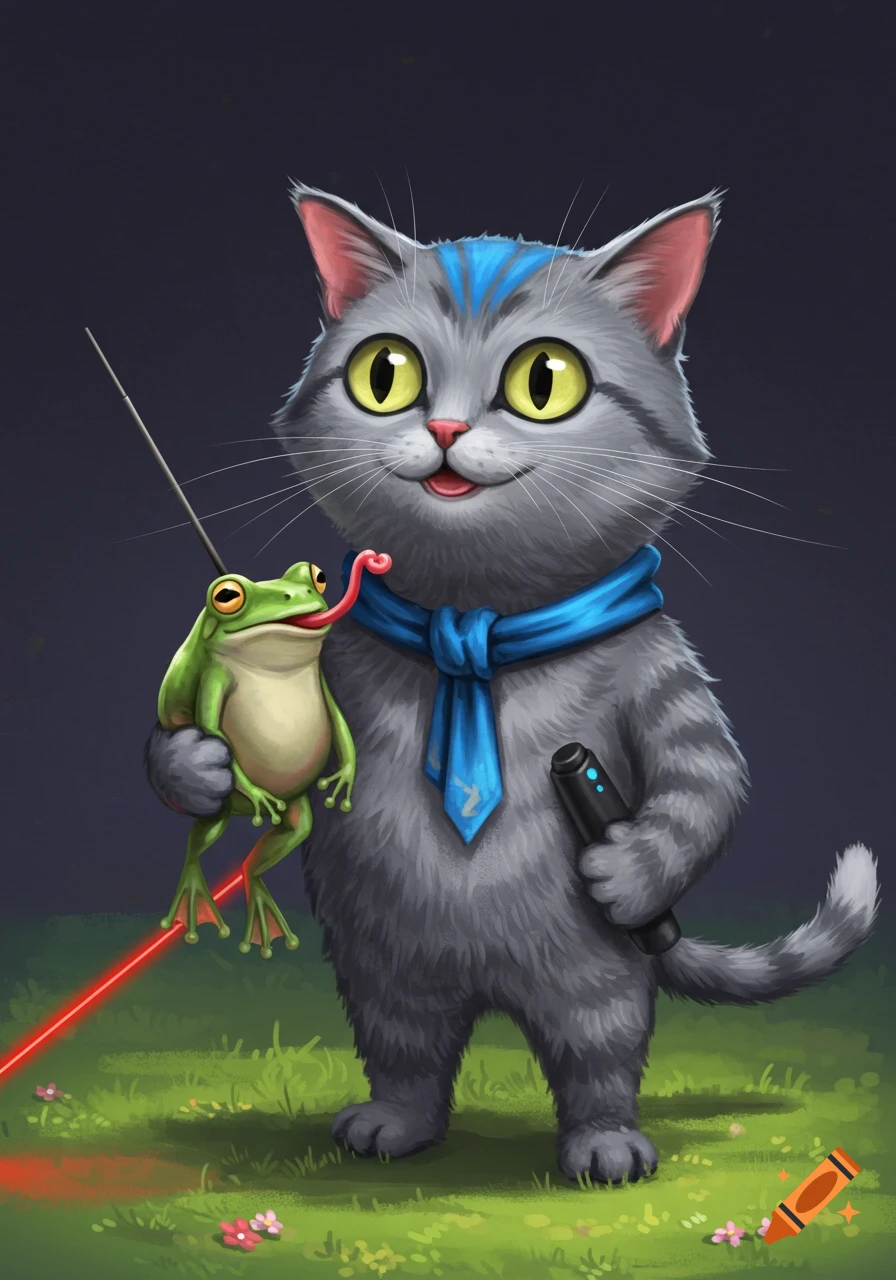 Cartoon cat holding a frog, using its tongue as a laser pointer. on Craiyon