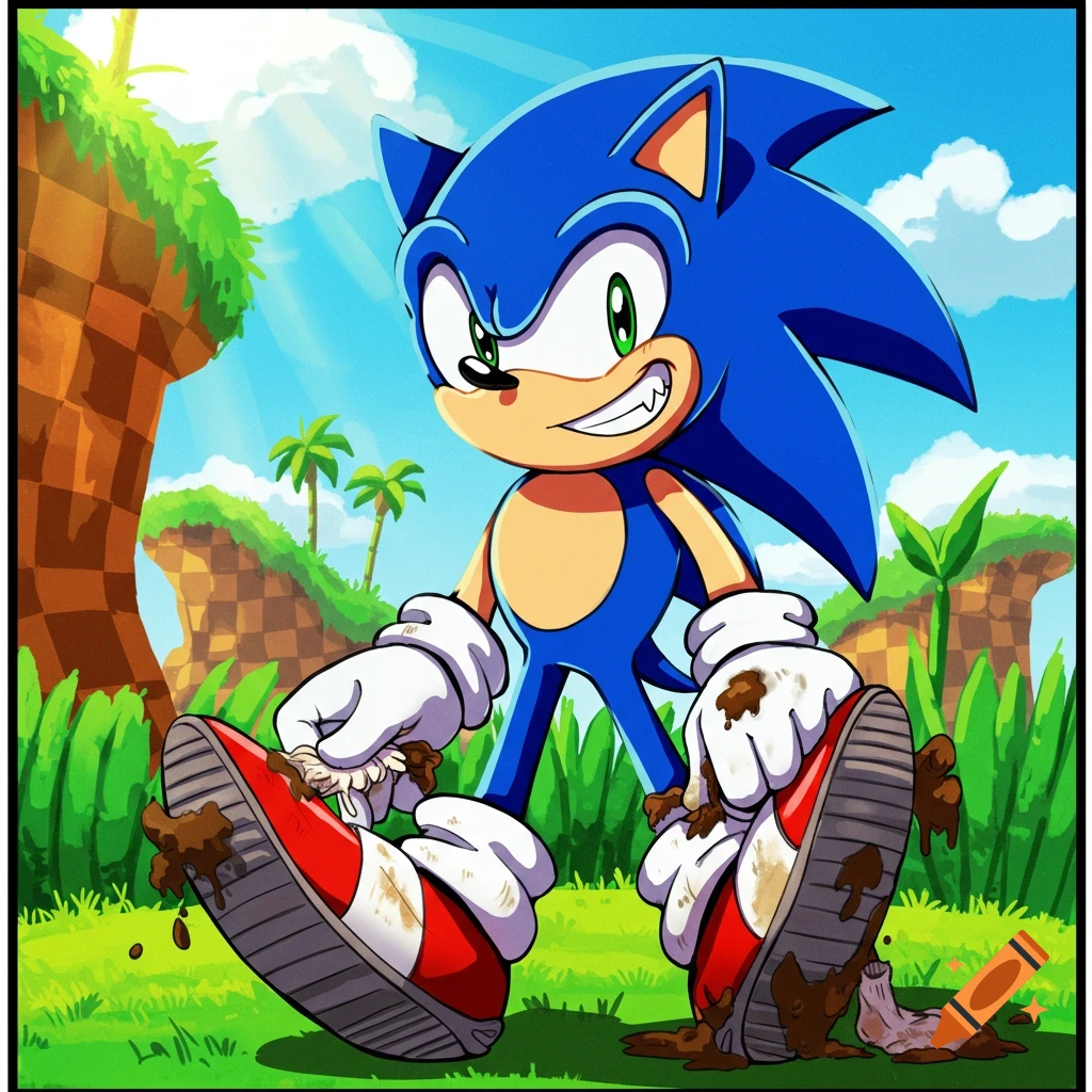 Sonic the Hedgehog with mud-covered shoes and gloves in a grassy field ...