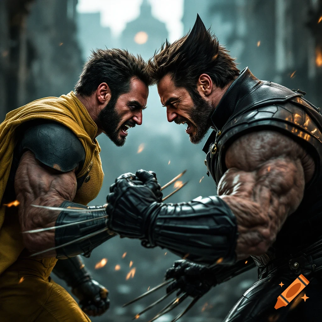 Two muscular figures resembling Wolverine face off in a ruined city ...