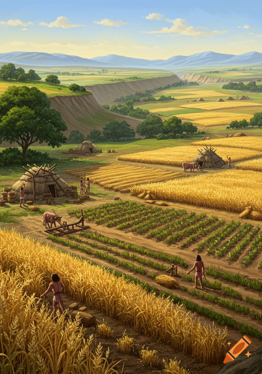 Ancient agricultural settlement with people farming fields and huts in ...