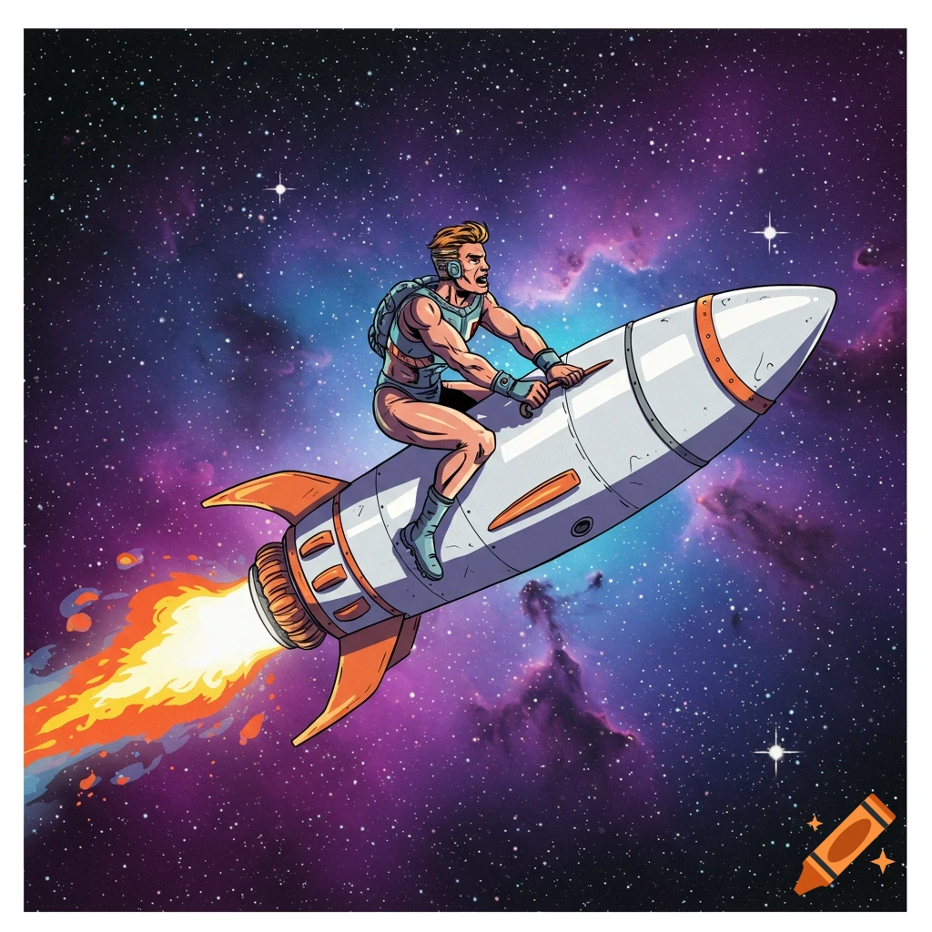 A muscular figure in a harness rides a rocket through colorful space in ...
