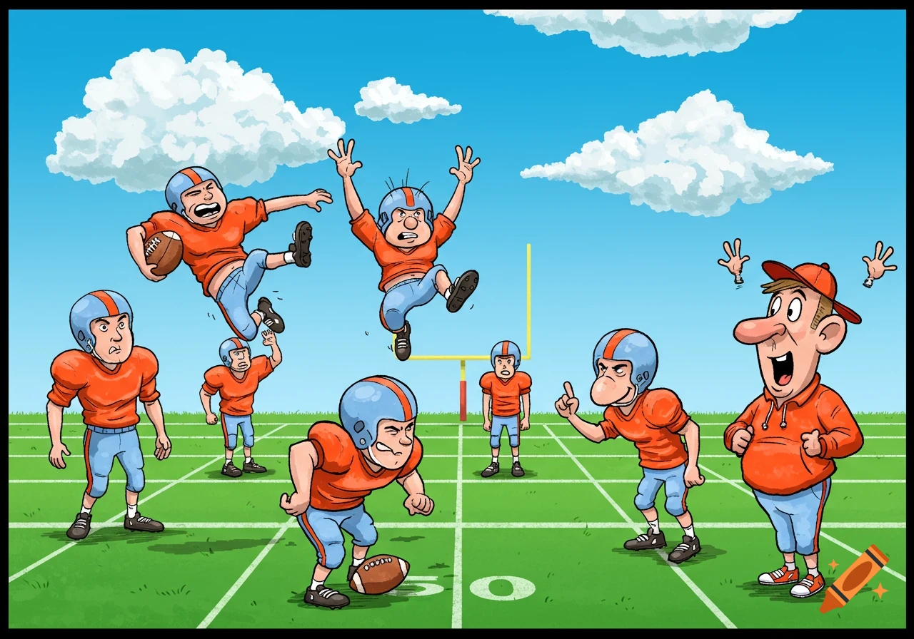 Cartoon illustration of a football practice with players running and ...