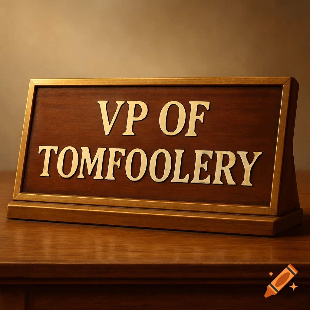 A wooden and brass desk sign reading 'VP OF TOMFOOLERY'. on Craiyon