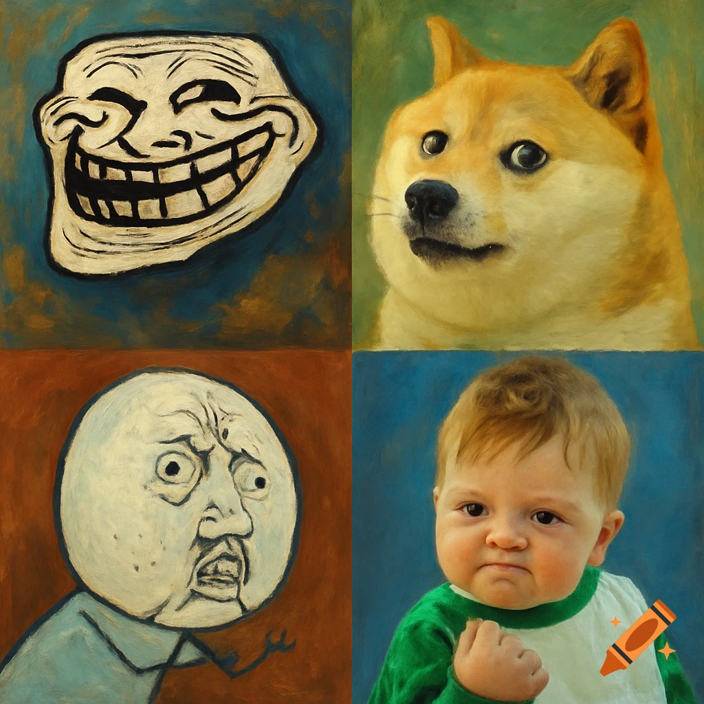 Four panel painting of Trollface, Doge, Y U No Guy, and Success Kid ...
