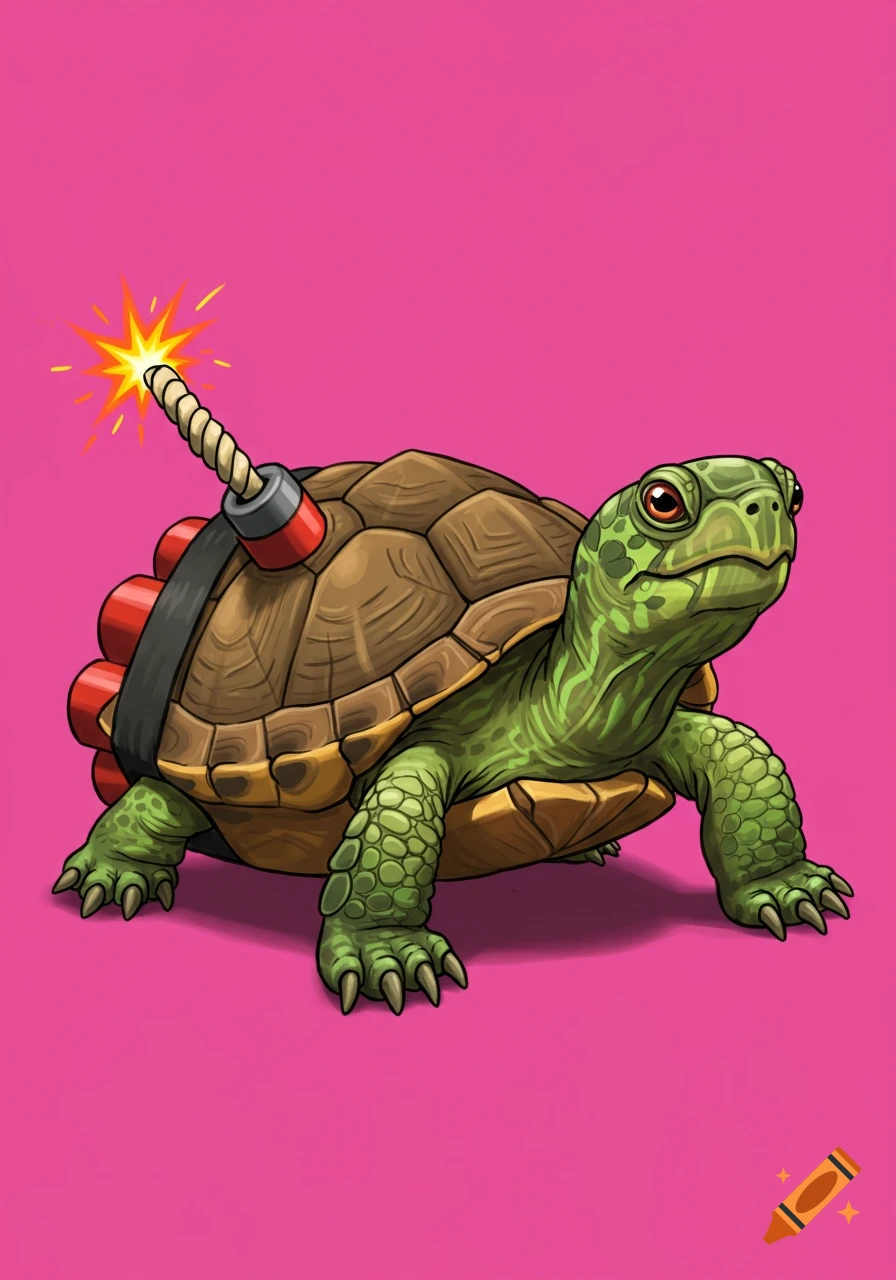 A cartoon turtle with dynamite strapped to its shell with the fuse lit ...