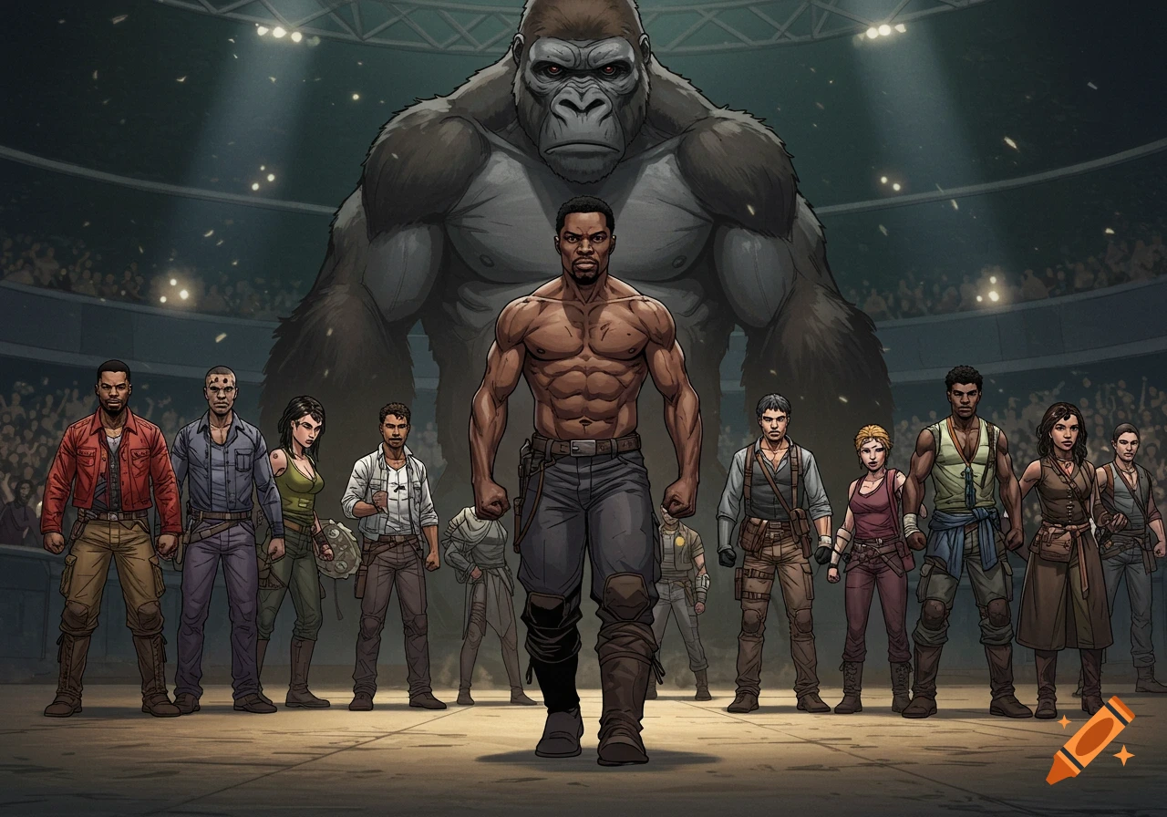 A group of diverse humans and a giant gorilla stand in a fighting arena ...