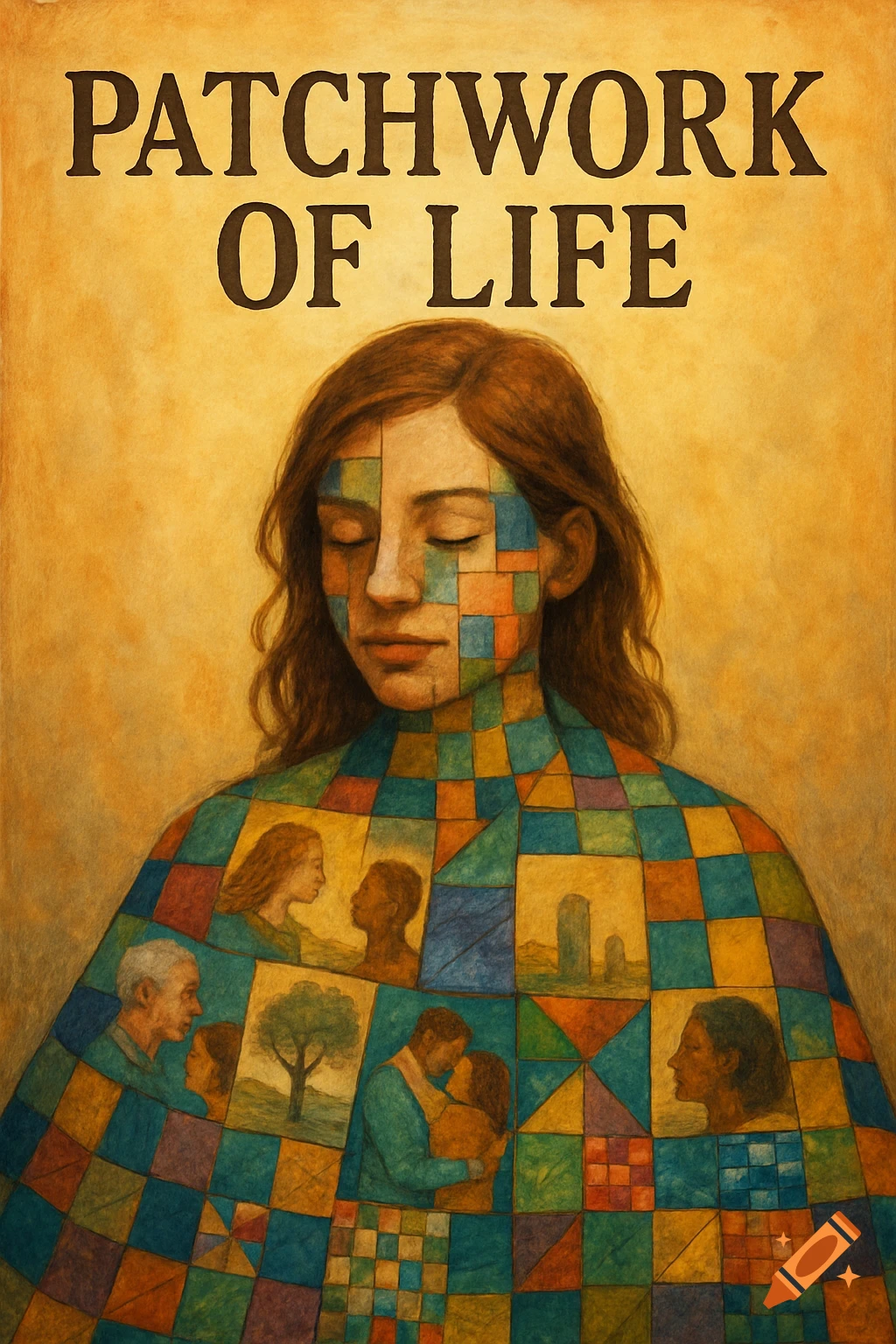 A painterly illustration of a woman with a colorful patchwork quilt ...