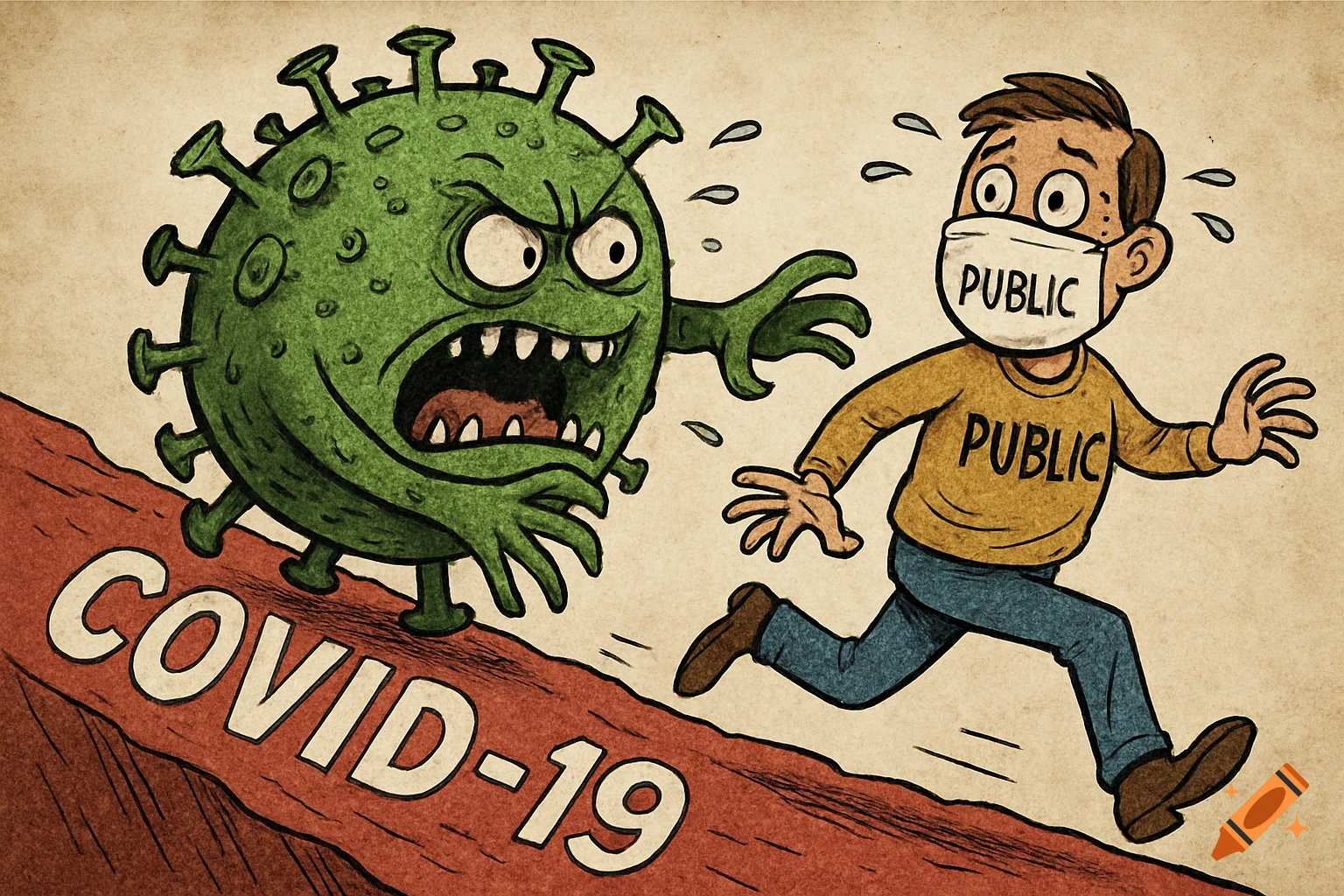 Cartoon COVID-19 monster chases a person labeled PUBLIC, vintage ...
