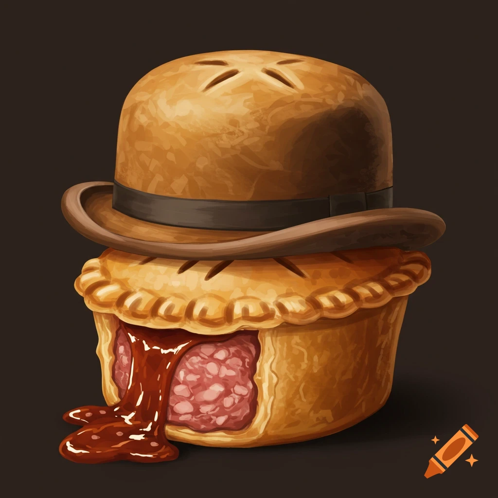 Illustration of a meat pie with a slice removed, wearing a bowler hat ...