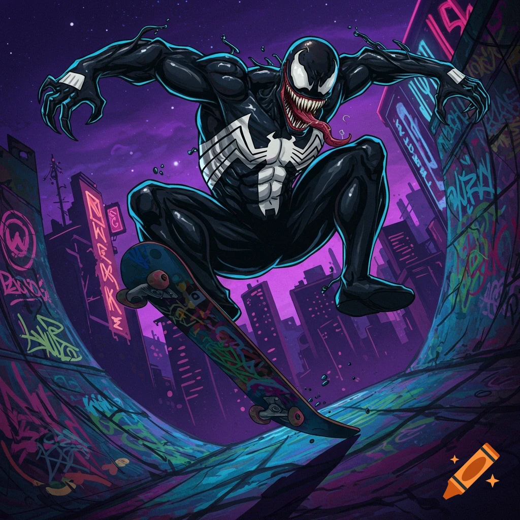 Comic art of Venom doing a kickflip on a skateboard in a neon-lit city ...