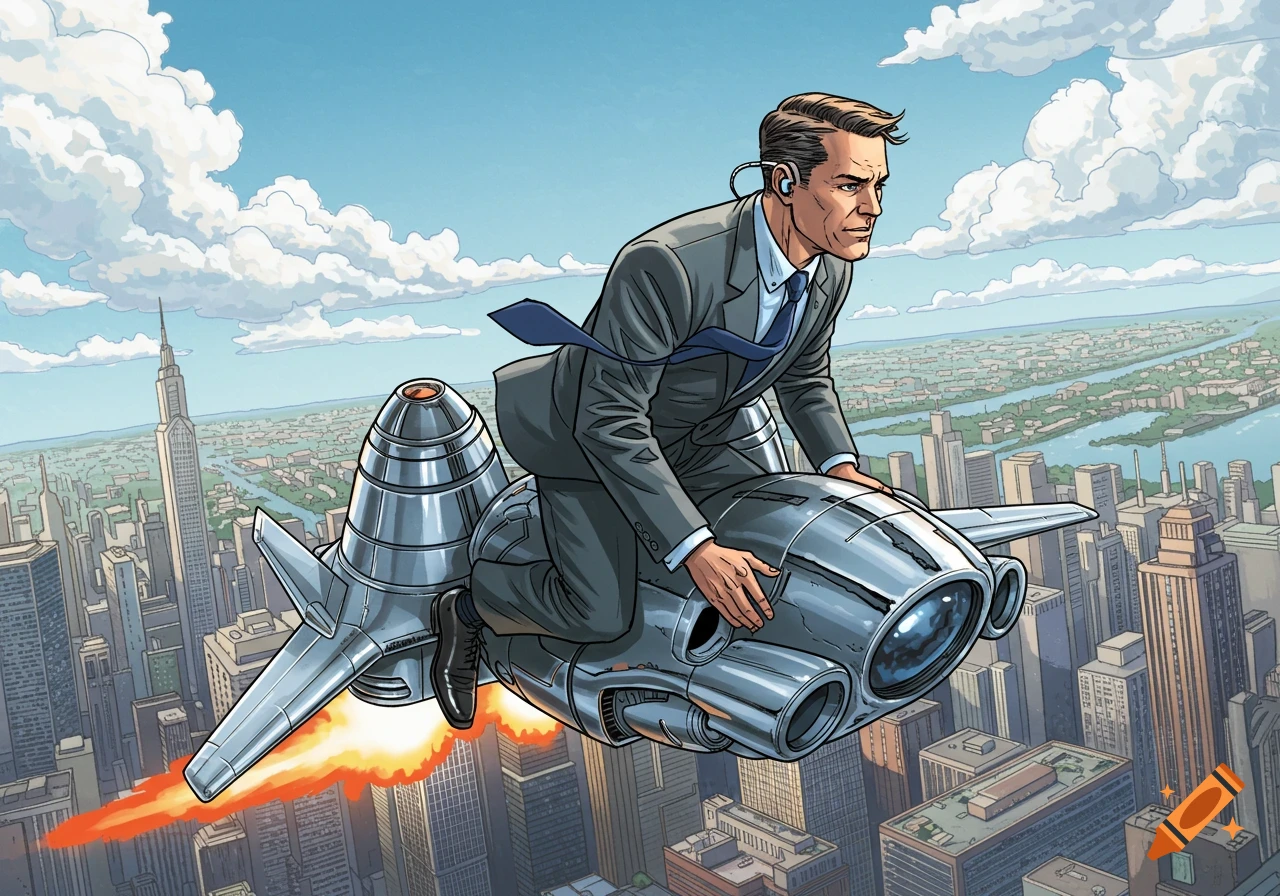 Illustration of a man in a suit flying on a jetpack over a cityscape ...